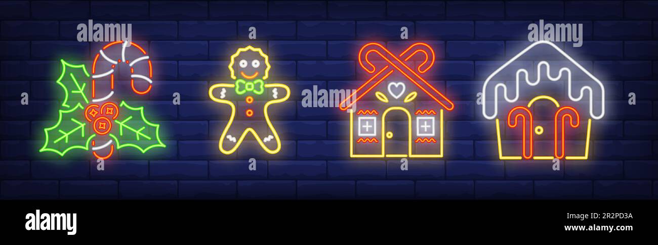 Candy canes and gingerbread houses neon signs set Stock Vector Image ...