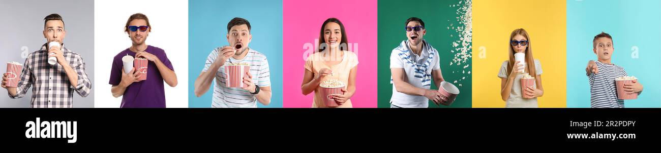 Cinema visiting. Collage with photos of different people on color ...