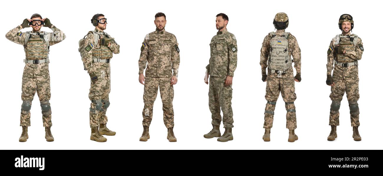 Collage with photos of Ukrainian soldier wearing military uniform on ...