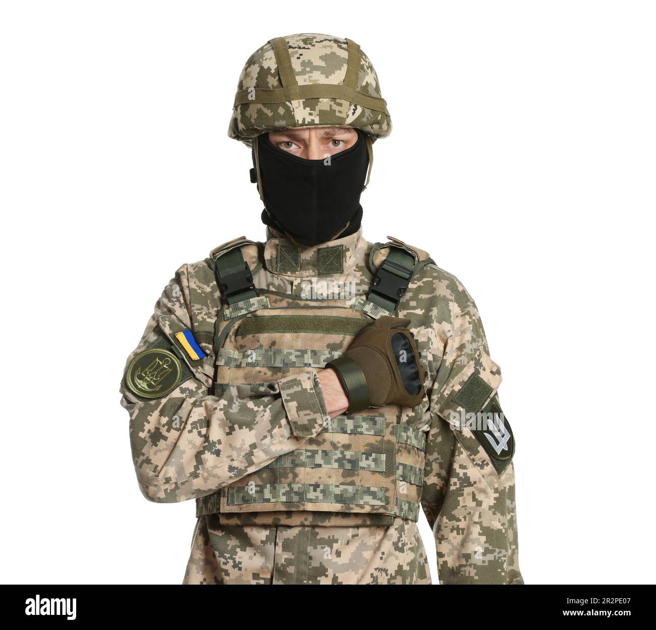 Ukrainian soldier in military uniform, helmet and balaclava on white ...