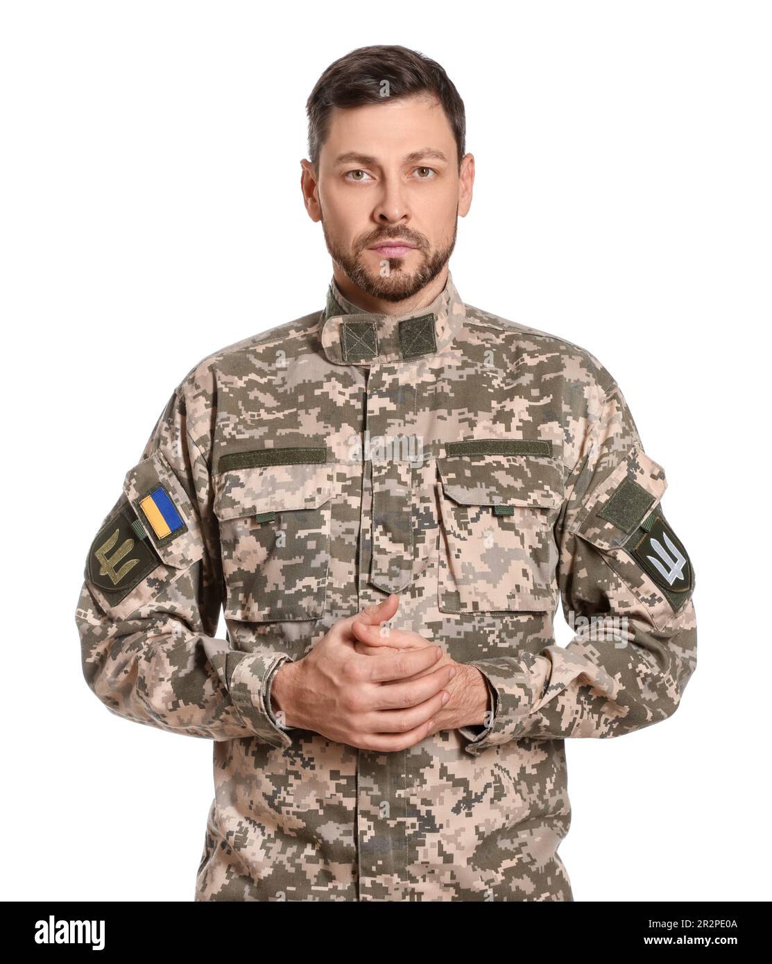 Ukrainian soldier in military uniform on white background Stock Photo ...