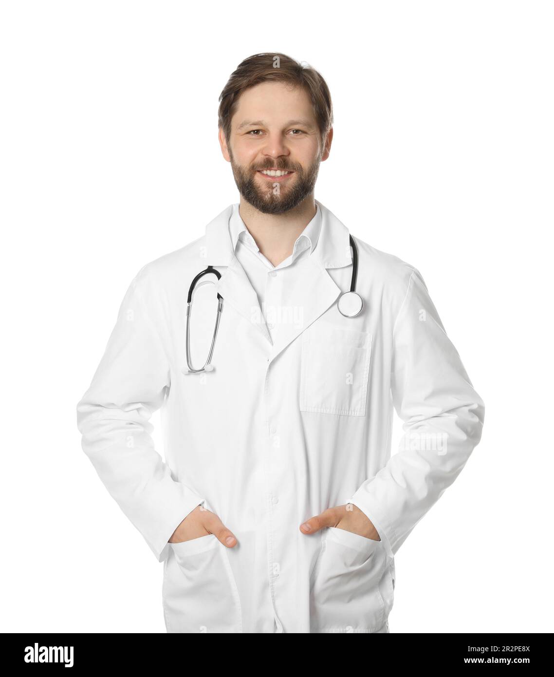 Doctor or medical assistant (male nurse) in uniform with stethoscope on ...