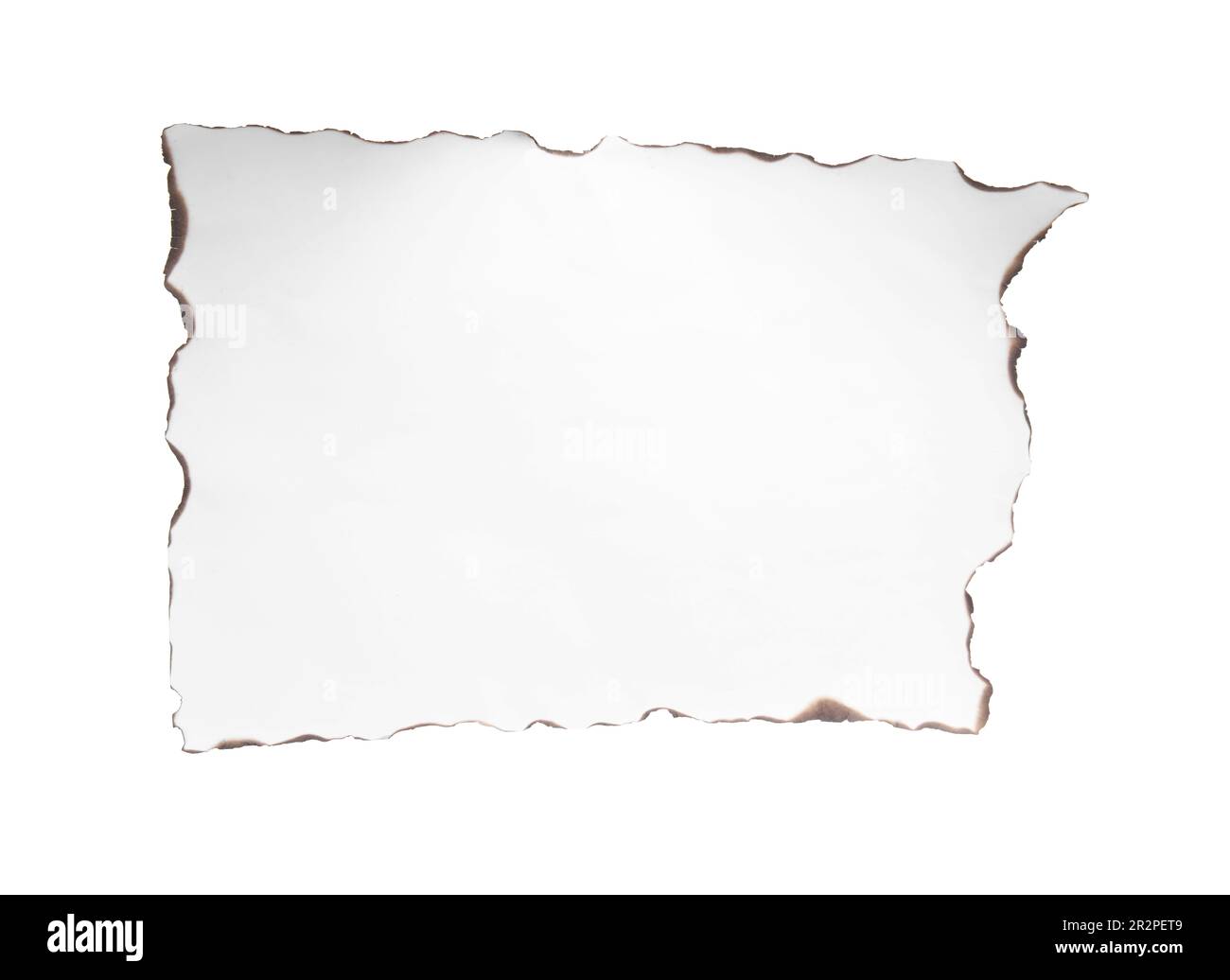 Piece of paper with dark burnt borders isolated on white. Space for ...