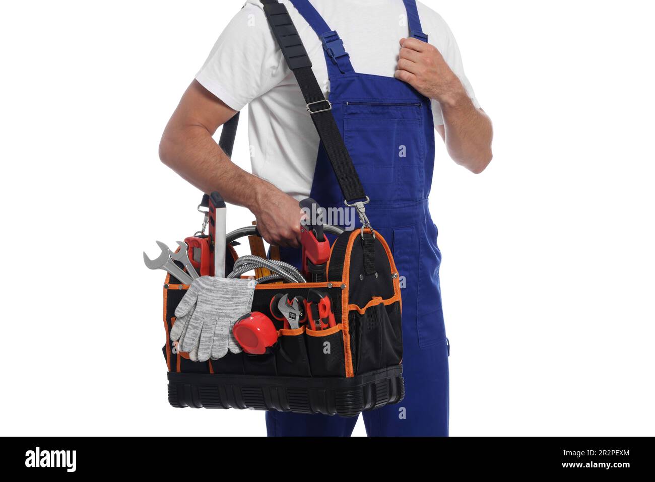 Professional plumber with tool bag on white background, closeup Stock ...