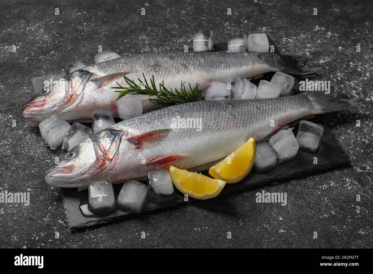 Fresh raw sea bass fish, ice cubes and lemon wedges on black table ...