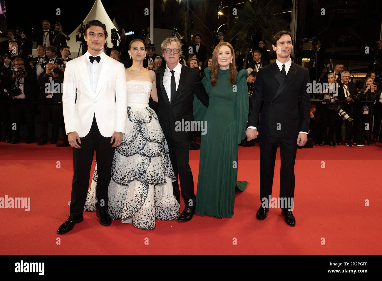 Cannes, France. 21st May, 2023. Charles Melton, Natalie Portman, Director Todd Haynes, Julianne ...