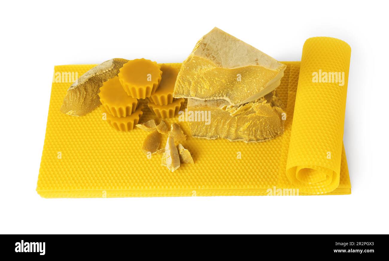 Different natural beeswax blocks and sheets on white background Stock ...