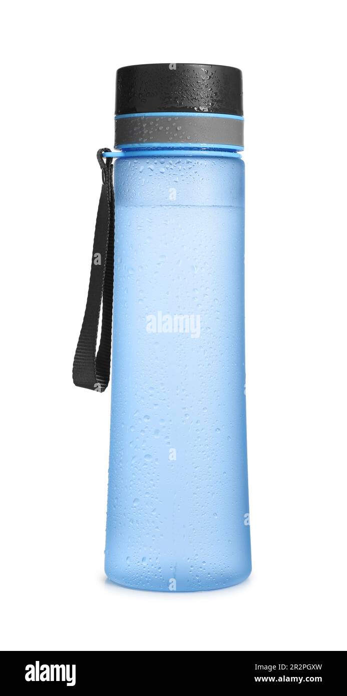 Stylish closed light blue bottle with water drops isolated on white ...