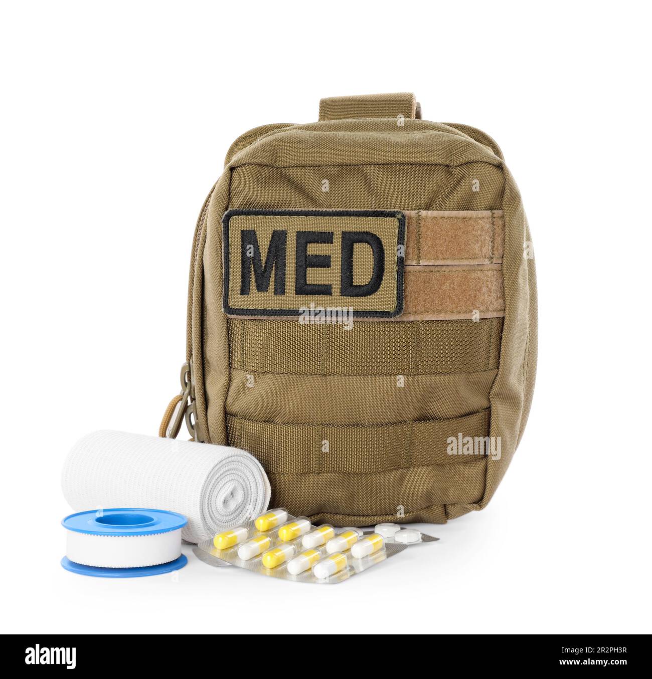 Military first aid kit with items isolated on white Stock Photo - Alamy