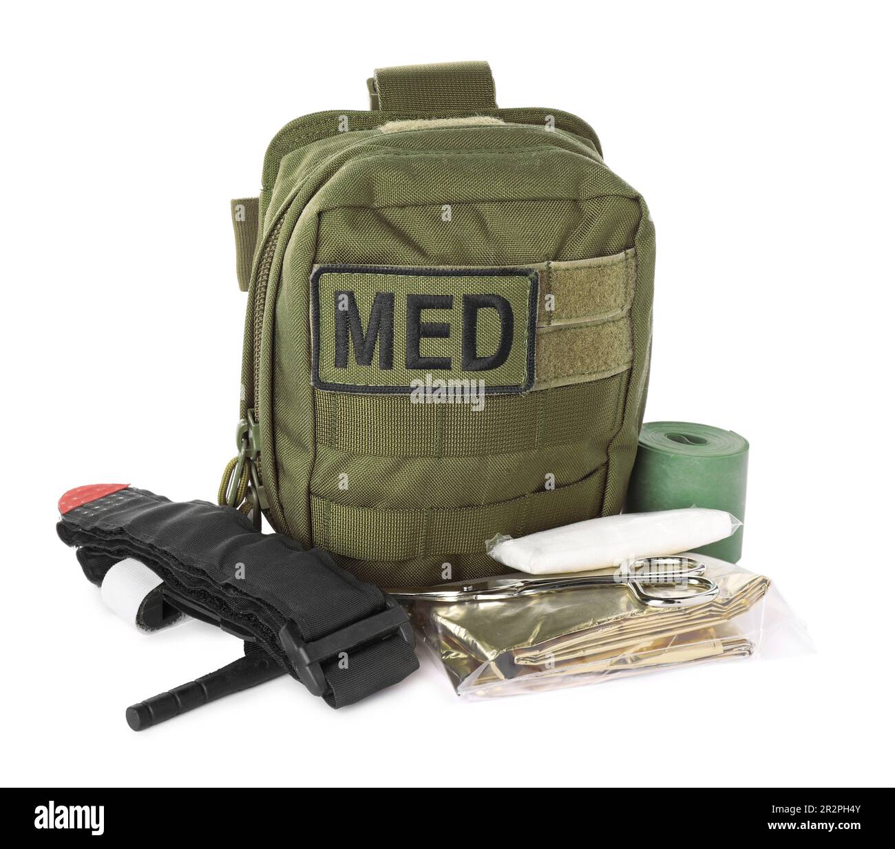 Military first aid kit with items isolated on white Stock Photo - Alamy