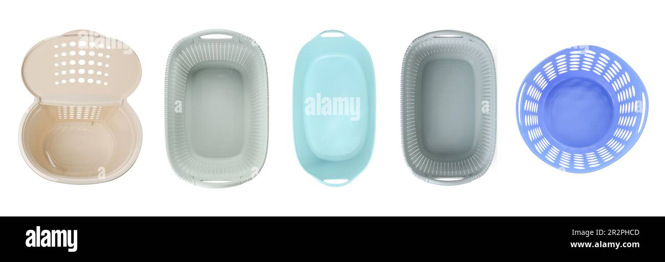 Different laundry baskets on white background, top view. Banner design ...