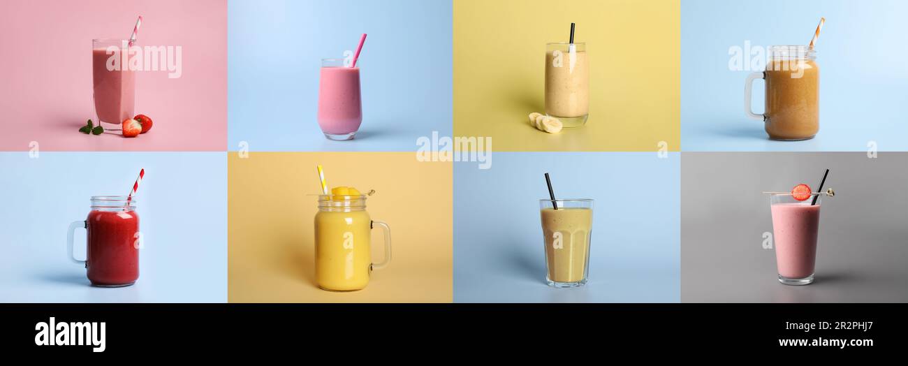 Collage with various smoothies on different color backgrounds. Banner ...
