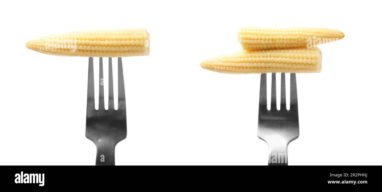 Forks with tasty pickled baby corn on white background, collage. Banner ...