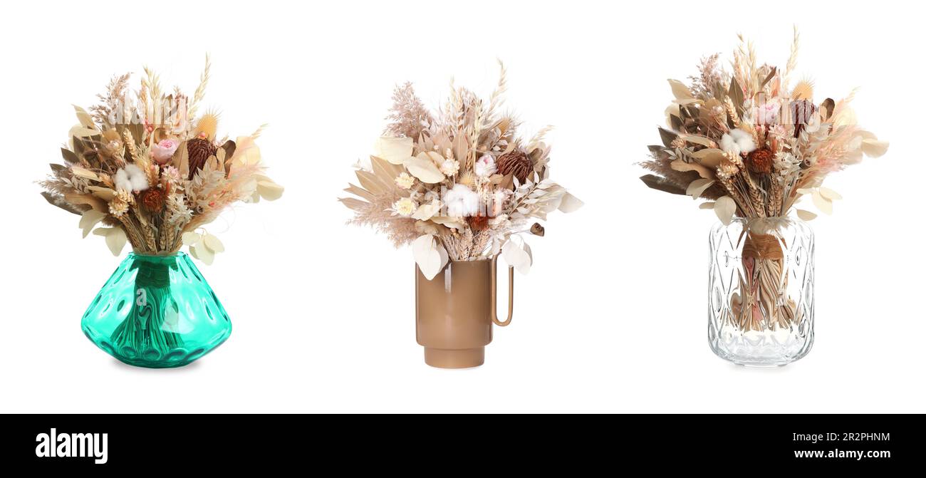Collage with dried flower bouquets in vases on white background. Banner ...