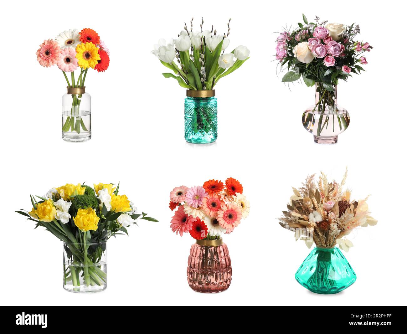 Collage with various beautiful flowers in glass vases on white ...