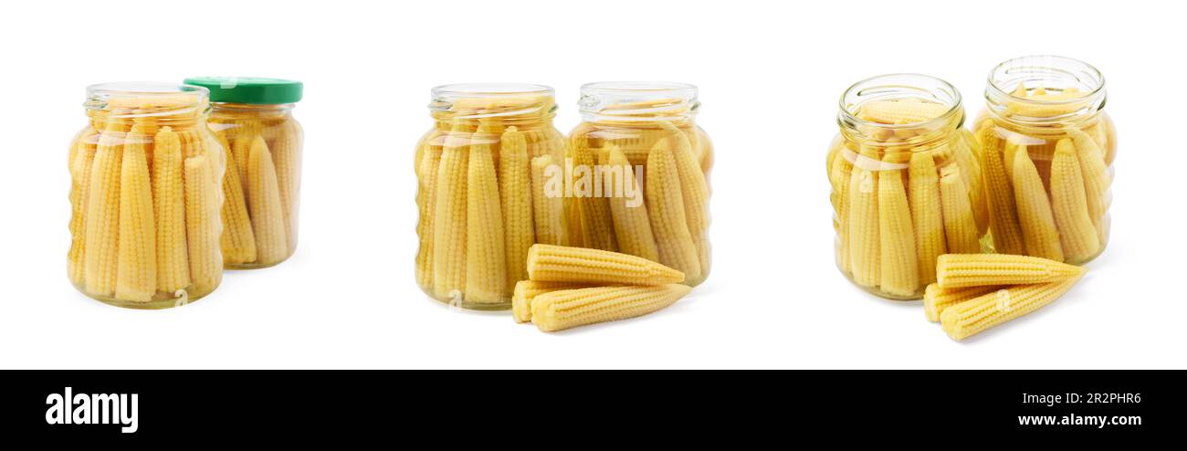 Set with tasty pickled baby corn on white background. Banner design ...