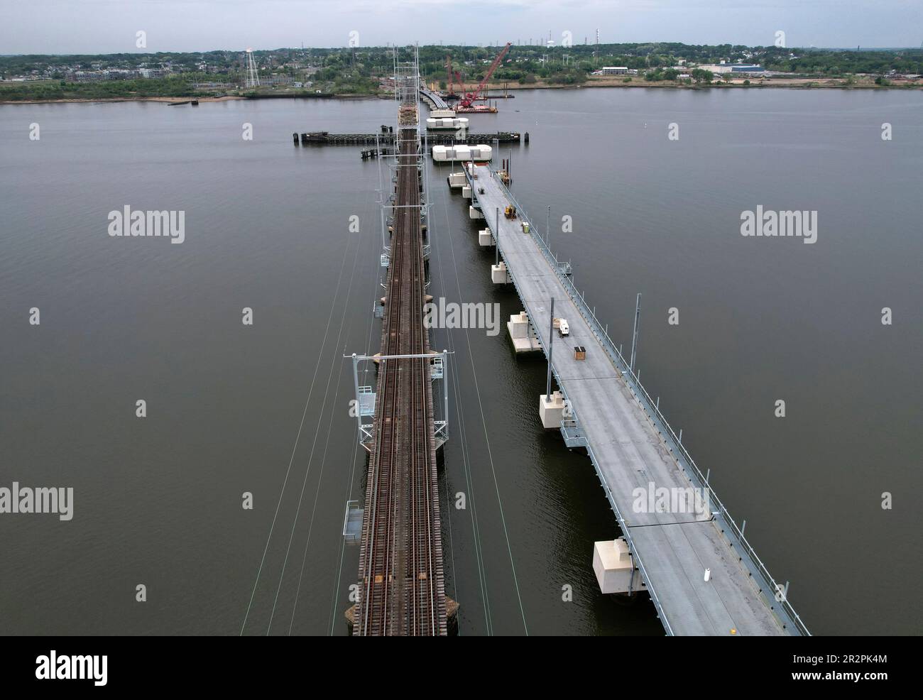 Aerial view of old and new River Draw Bridge connecting South Amboy and ...
