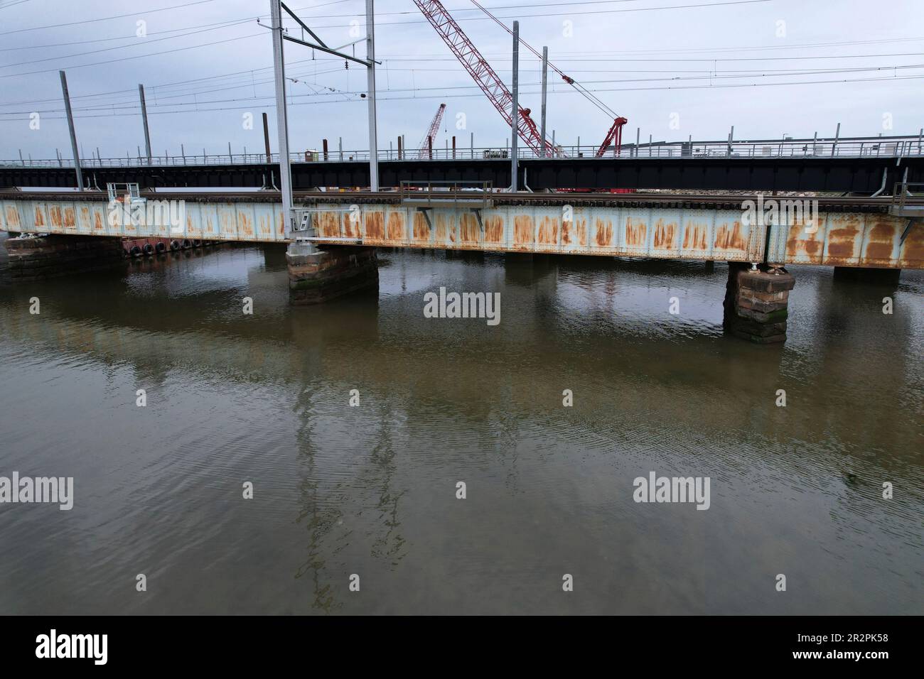 Aerial view of River Draw Bridge in Perth Amboy, NJ with the new bridge ...