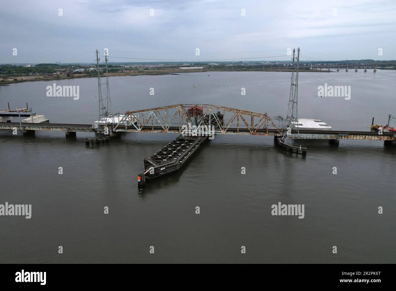 Aerial view of old River Draw Bridge with new one being contructed in ...