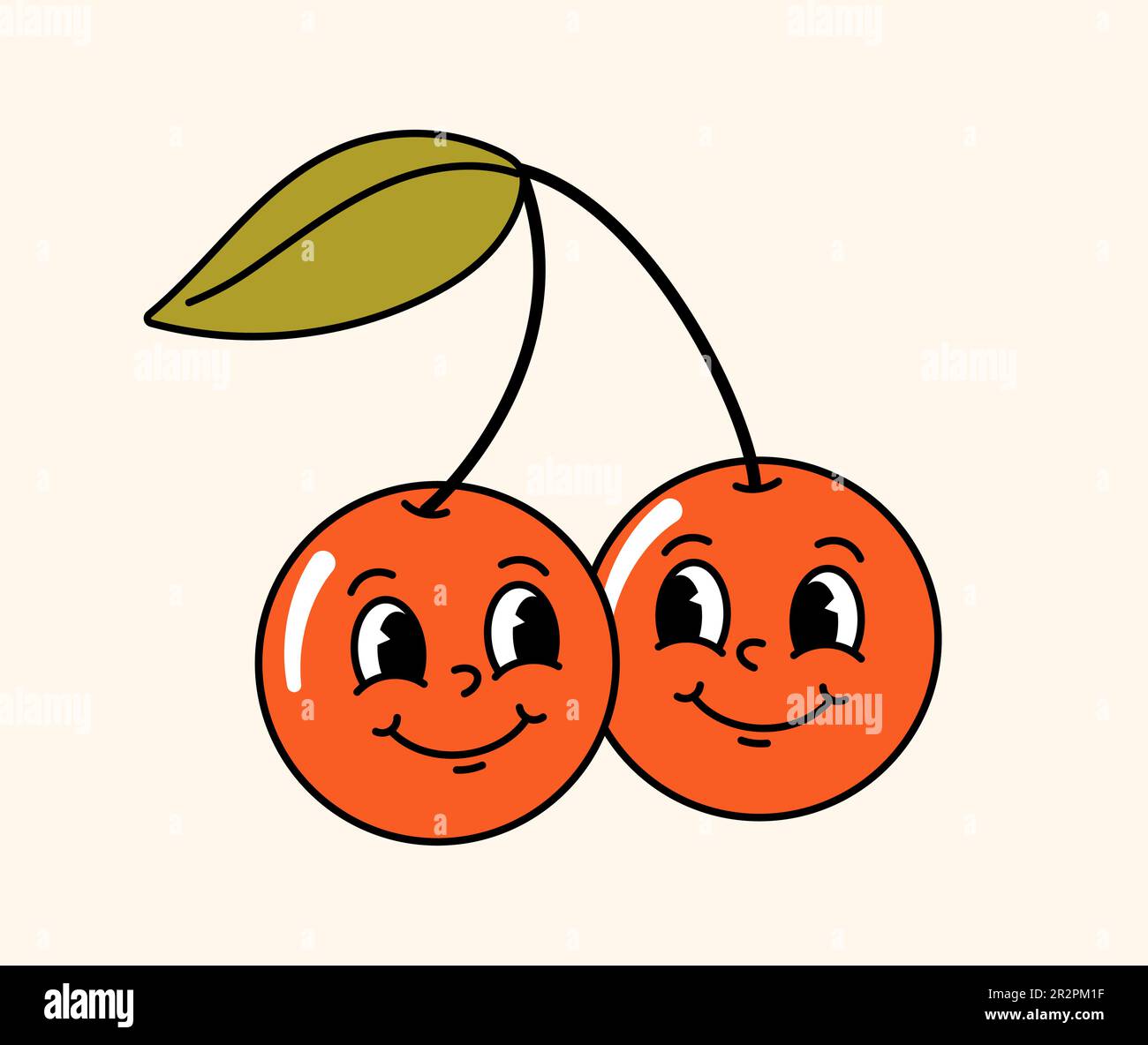 Retro hippie cherry concept. Fruits and berries with faces with ...