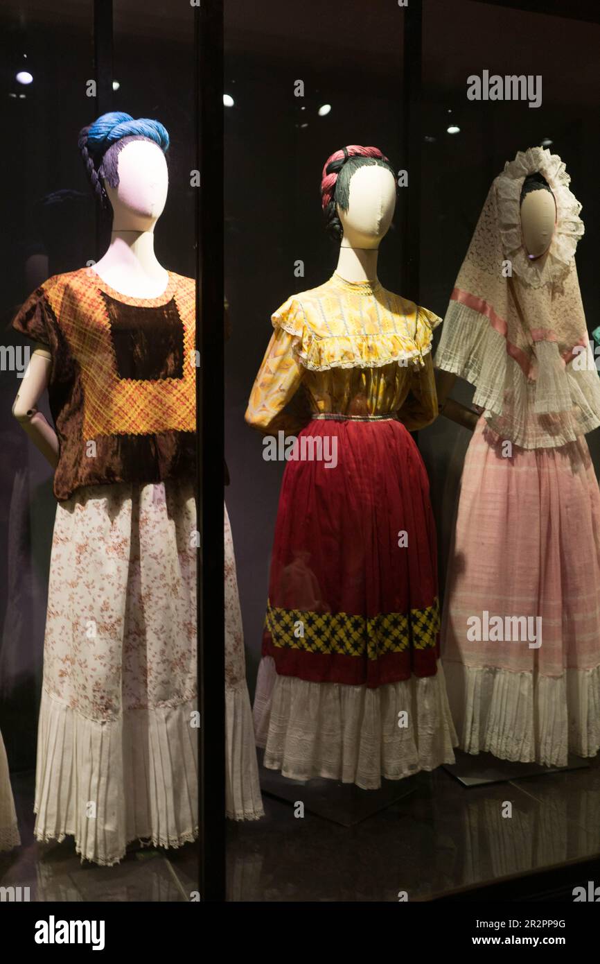 Three Freda Kahlo dresses on manikins in the Blue House Museum in ...