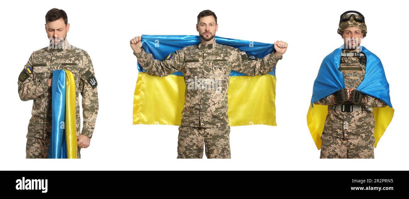 Collage with photos of soldier wearing military uniform with Ukrainian ...