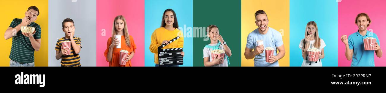 Cinema visiting. Collage with photos of different people on color ...