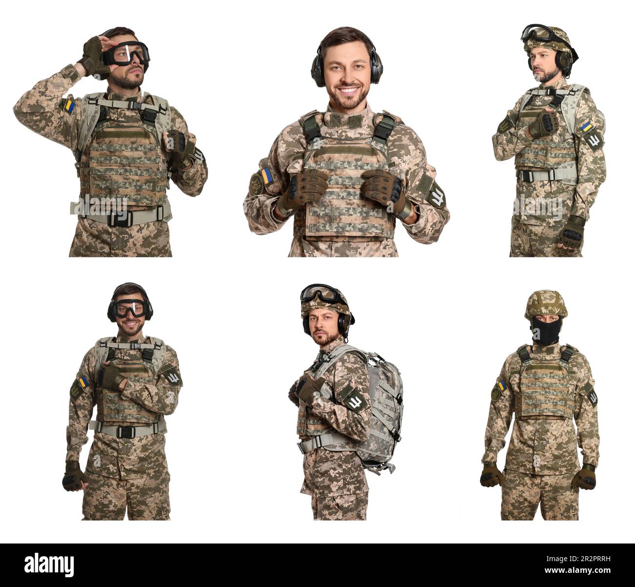 Collage with photos of Ukrainian soldier wearing military uniform on ...