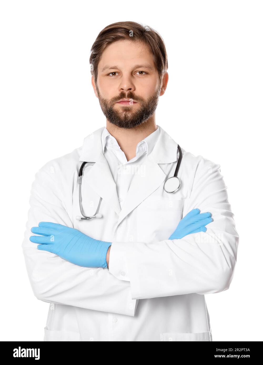 Doctor or medical assistant (male nurse) in uniform with stethoscope on ...