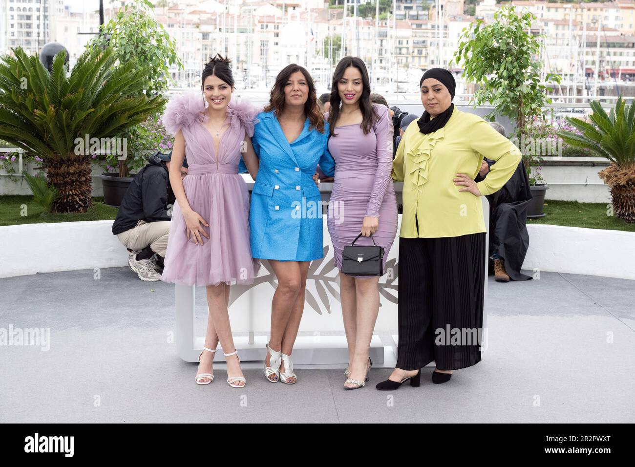 Cannes, France. 21st May, 2023. Tayssir Chikhaoui, Director Kaouther Ben Hania, Eya Chikhaoui ...
