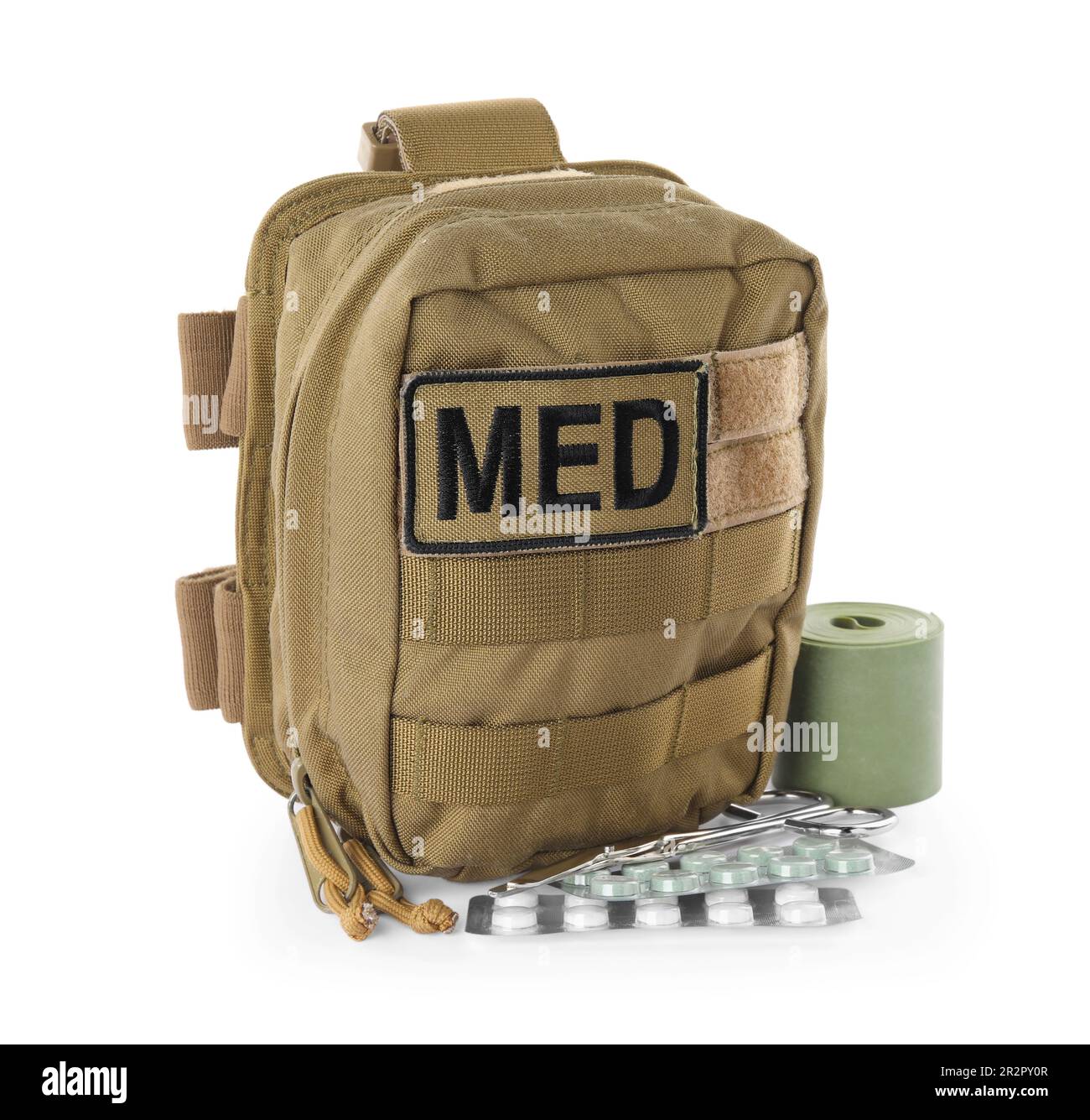 Military first aid kit with items isolated on white Stock Photo - Alamy