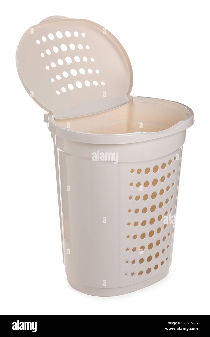 One open empty laundry basket isolated on white Stock Photo - Alamy