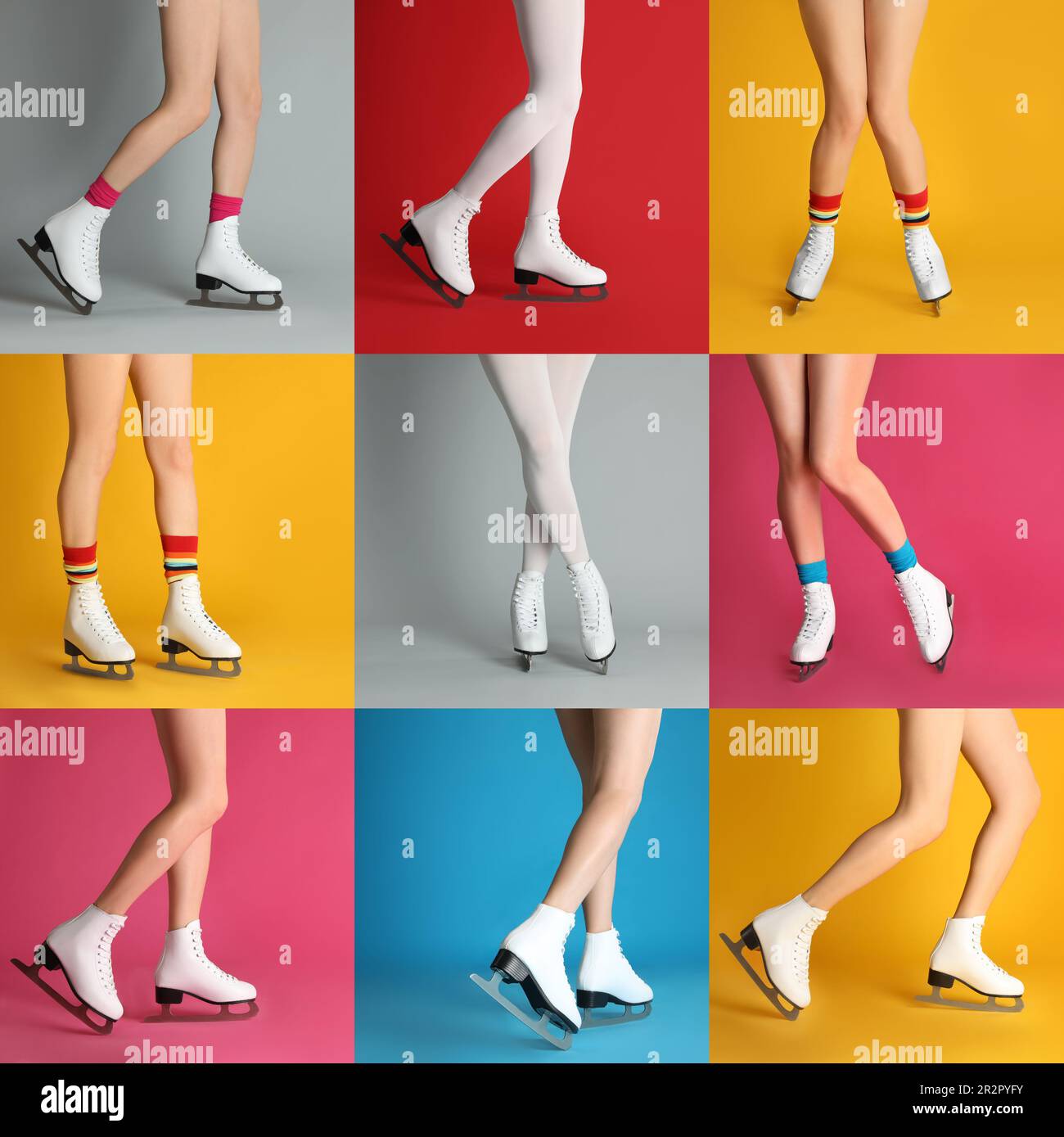Collage with photos of women in ice skates on different color ...