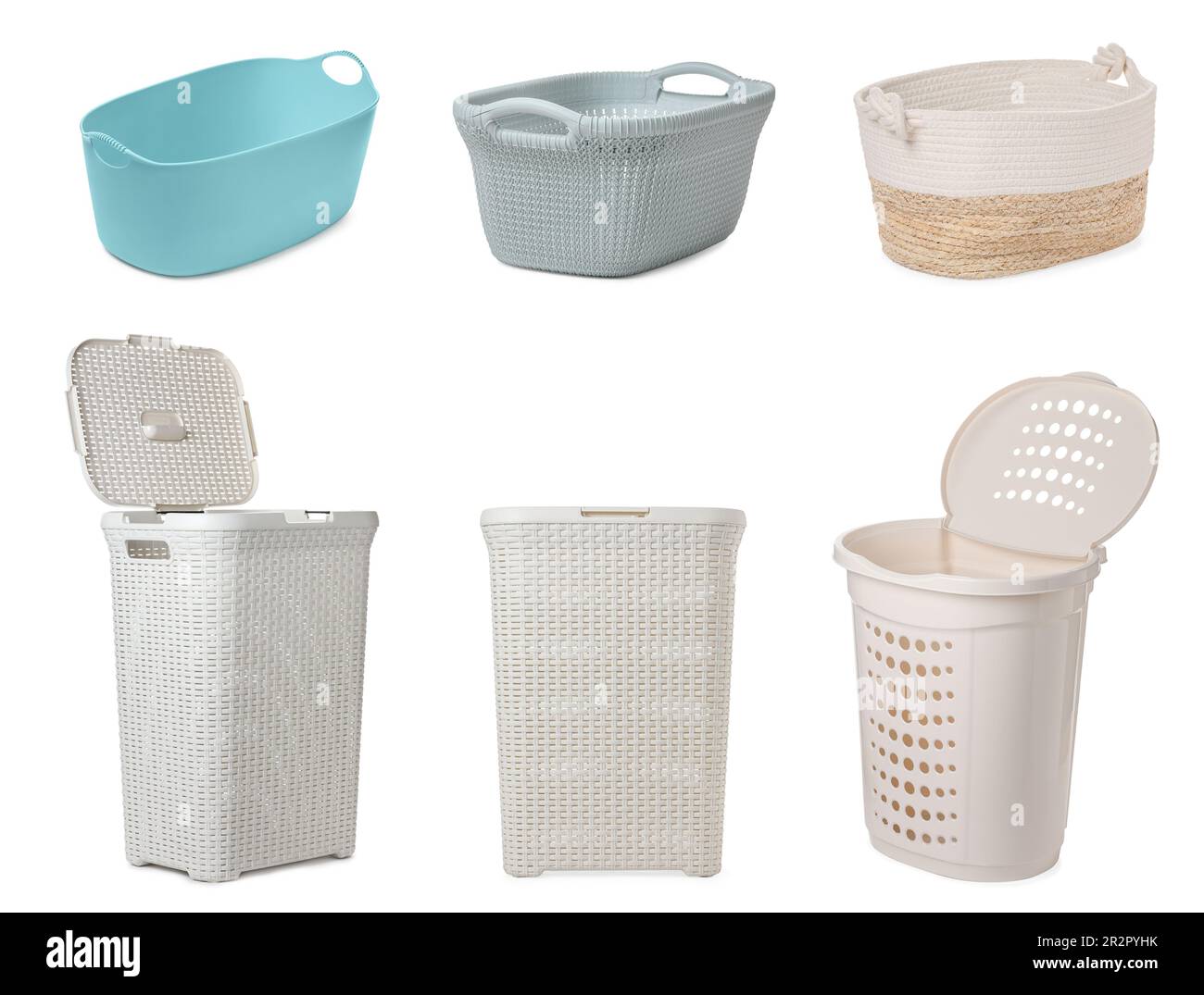 Different empty laundry baskets on white background Stock Photo - Alamy