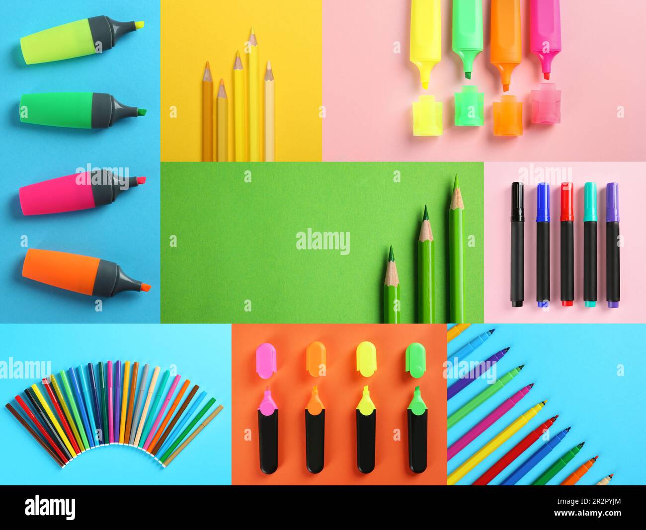 Collage with photos of various markers and pencils on different color ...