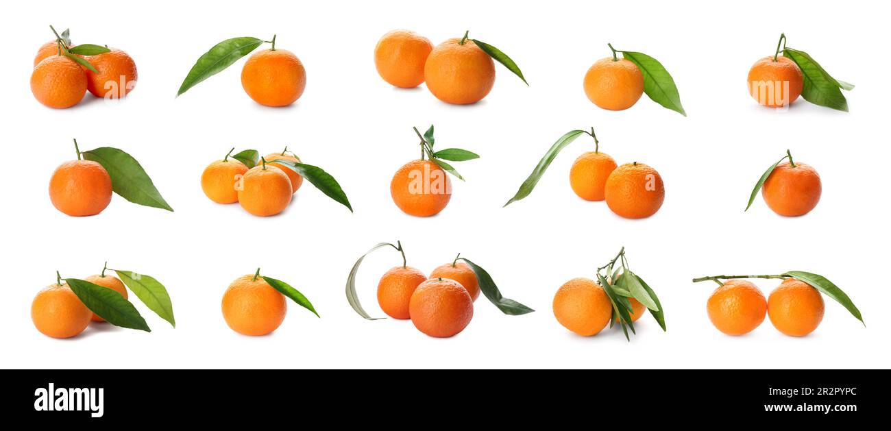 Set with fresh ripe tangerines on white background. Banner design Stock ...