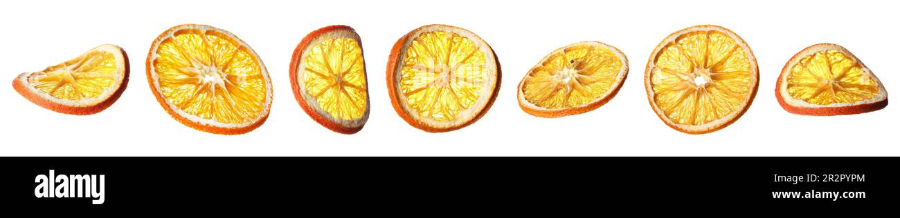 Collage with dry orange slices on white background, banner design Stock ...