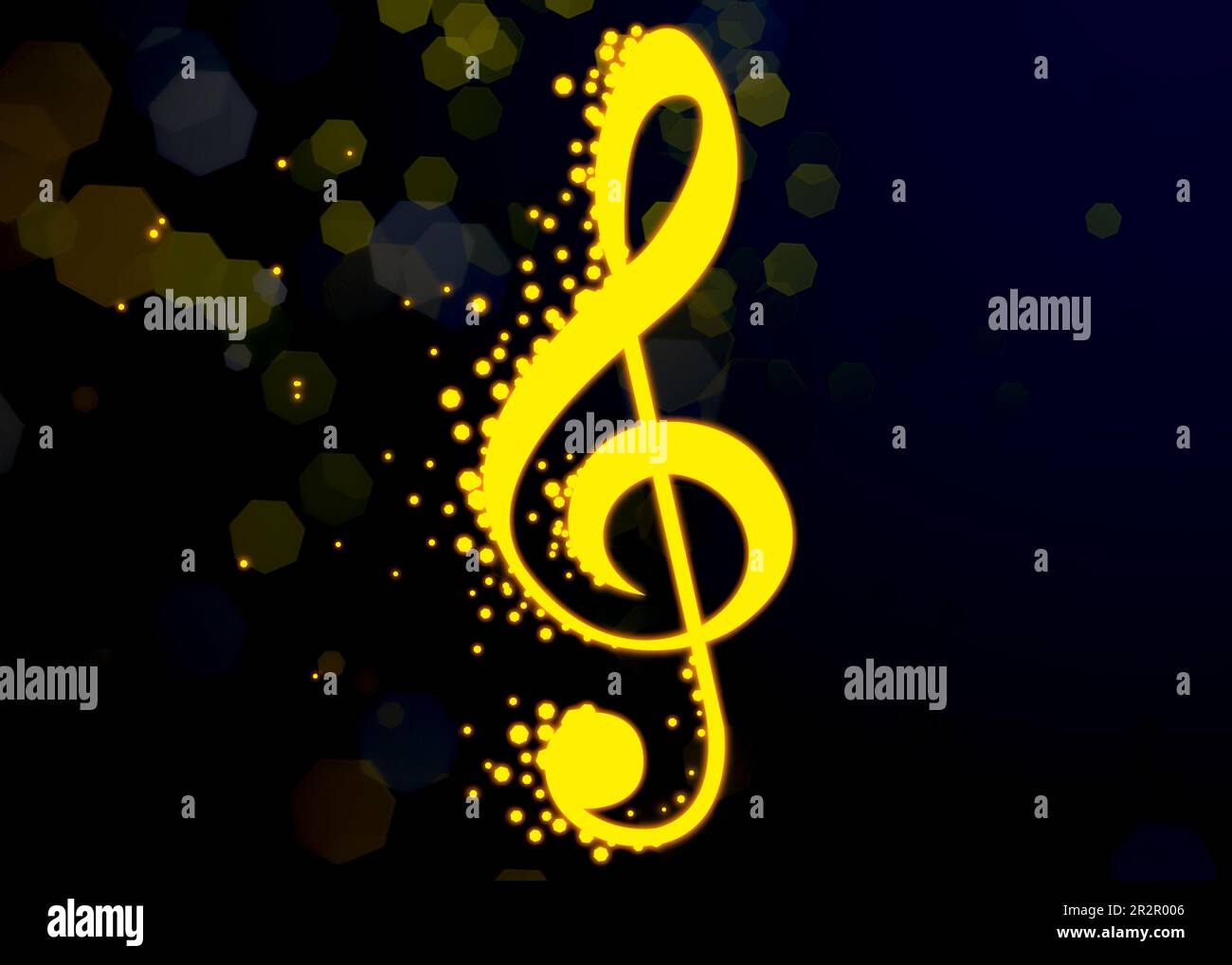 Golden treble clef flying apart in bright sparks on dark blue ...