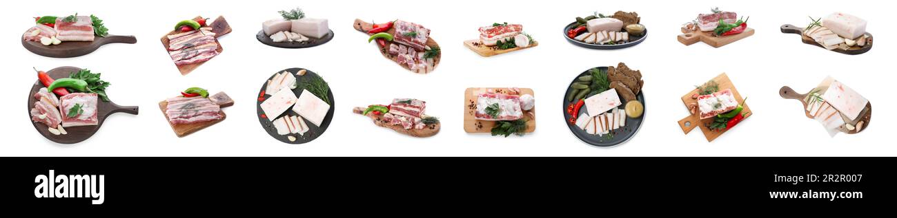 Collage with pieces of pork fatback isolated on white, top and side ...