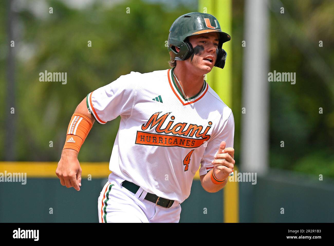 CORAL GABLES, FL - MAY 20: Miami infielder Blake Cyr (4) runs to third ...