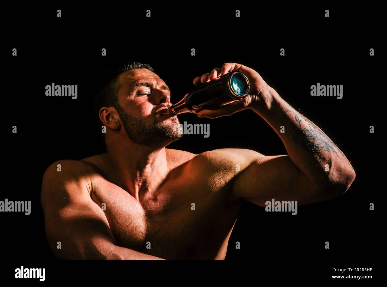 Man with bottle of beer, close up face. Drunk man drinker alcoholic ...