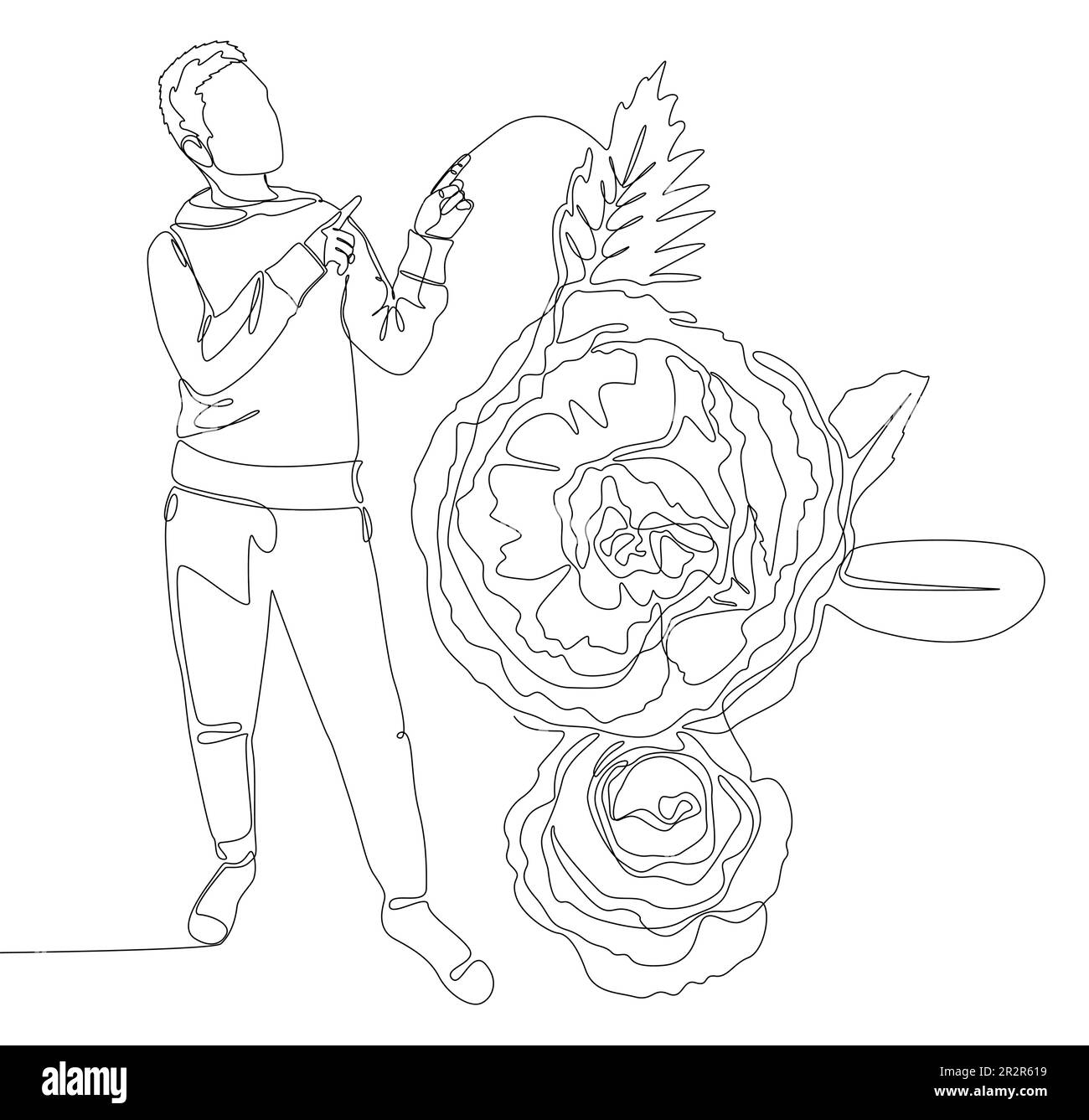 One Continuous Line Of Man Pointing With Finger At Rose Thin Line Illustration Vector Concept