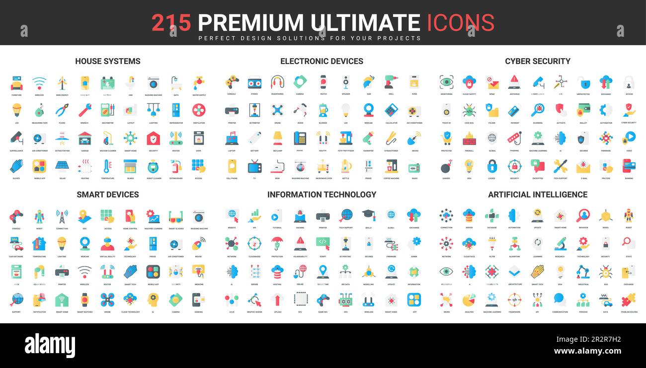 Smart home systems and devices, AI information technology color flat ...