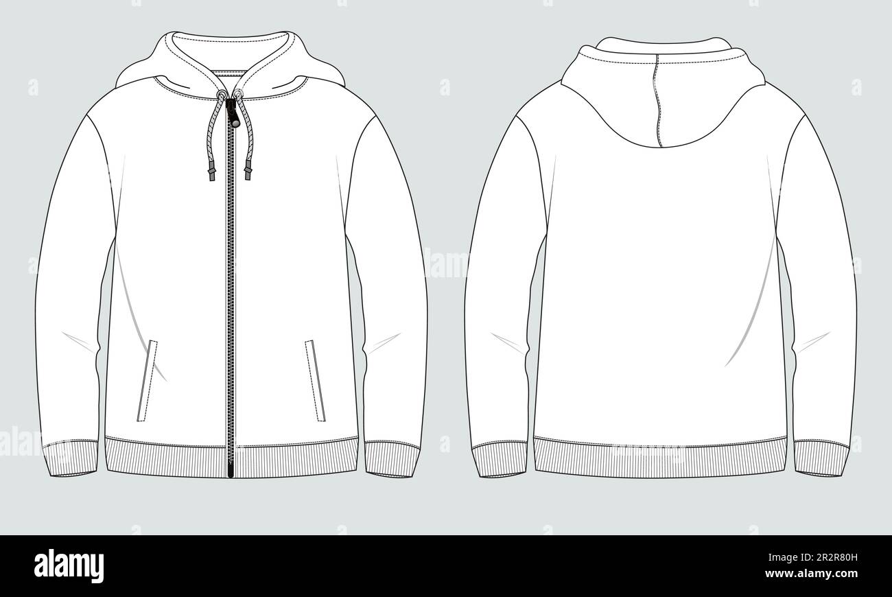 Long Sleeve Hoodie technical fashion flat sketch vector illustration template front and back ...