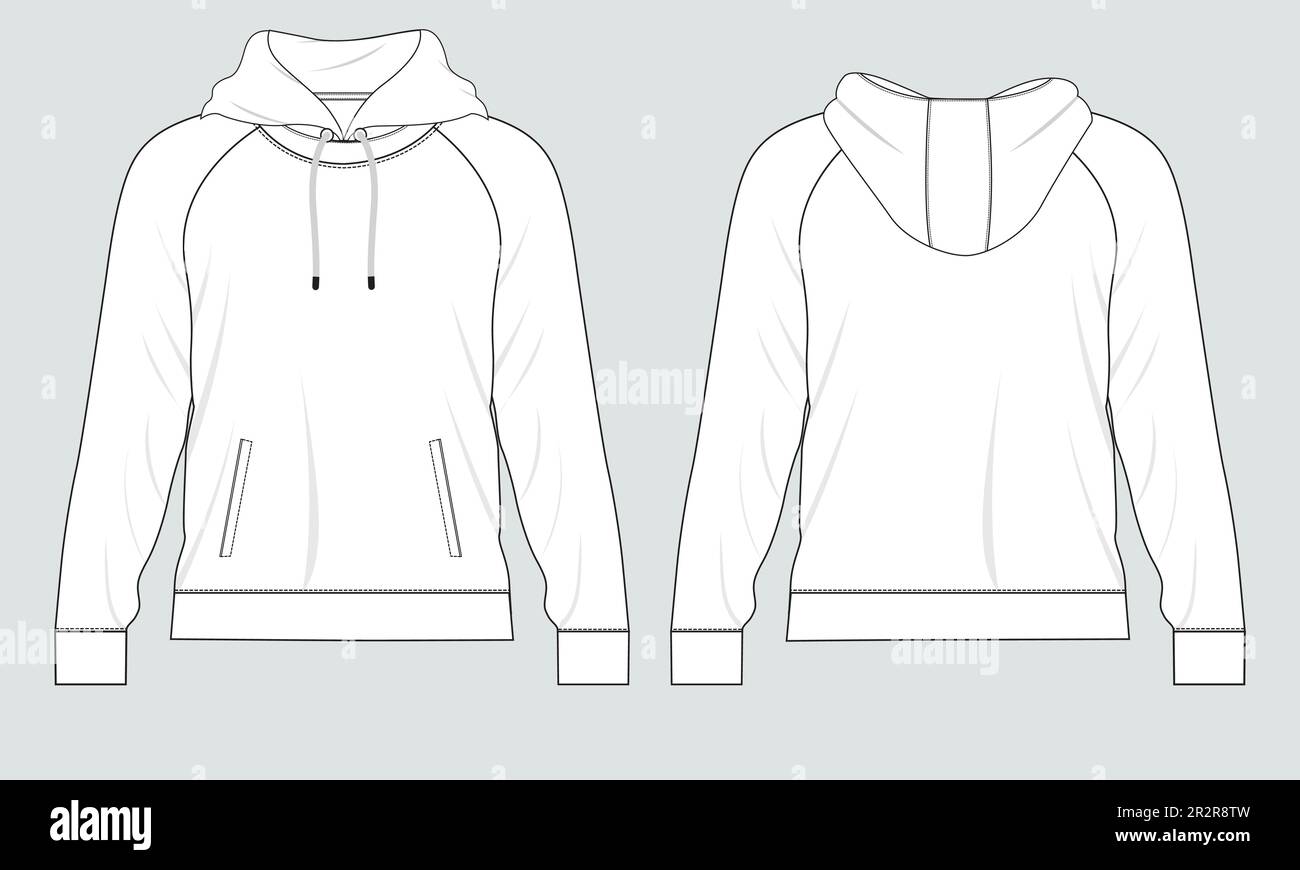 Long Sleeve Hoodie technical fashion flat sketch vector illustration template front and back ...
