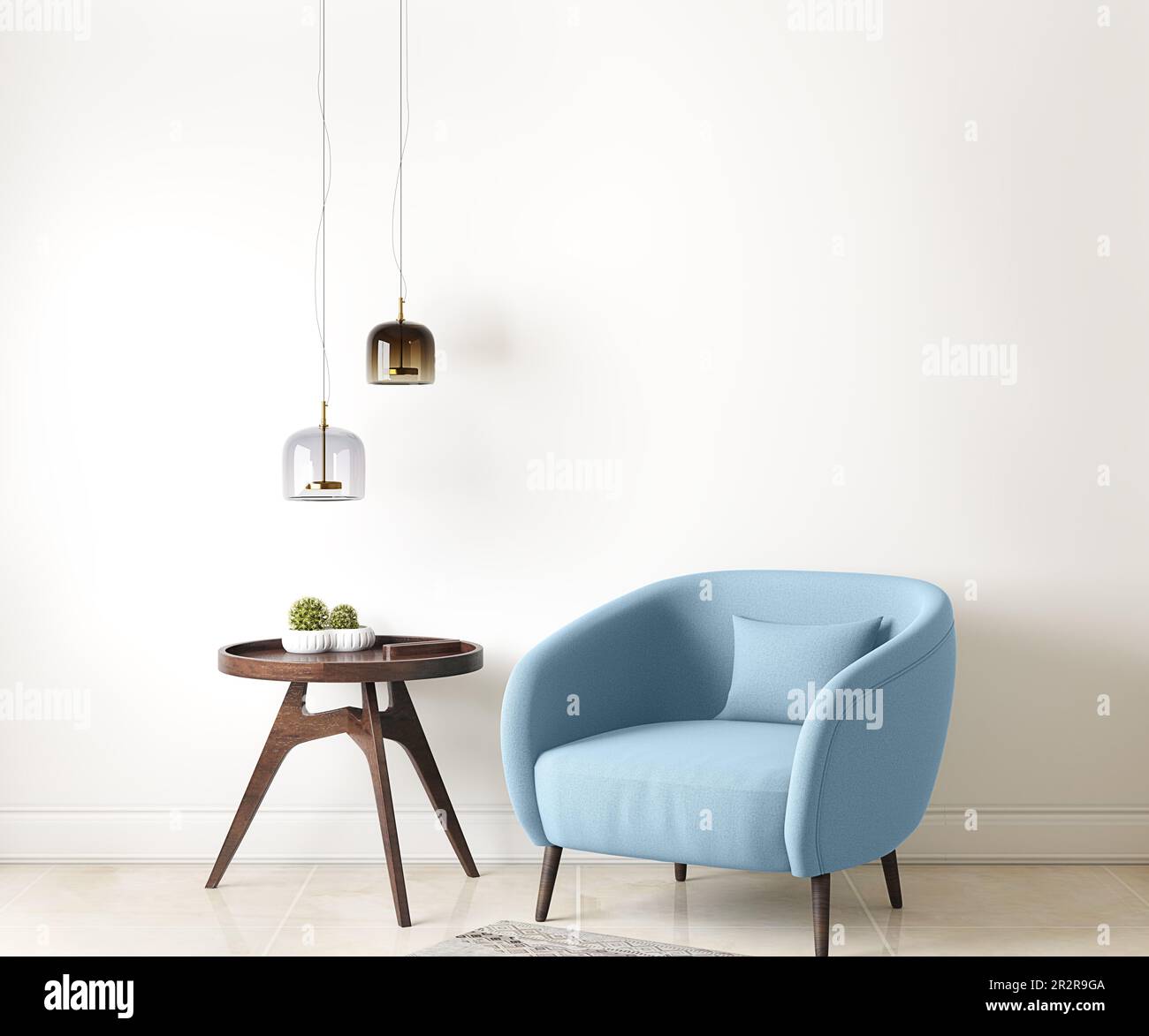 3d -Living room with Elegant light blue Arm chair, wooden side table ...