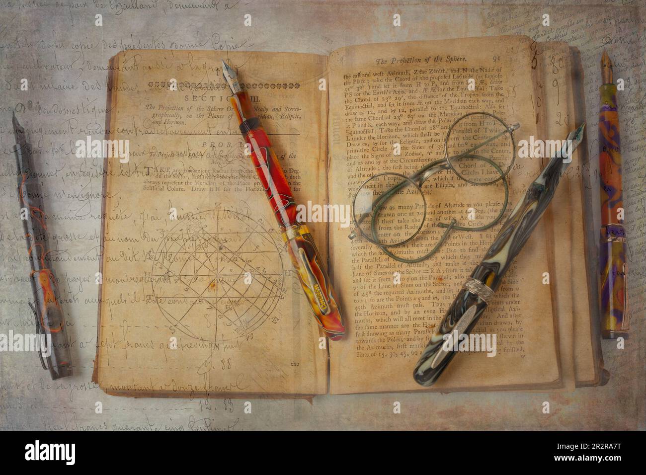 Old Book And Fountain Pens With Handwritten Script Still Life Stock ...