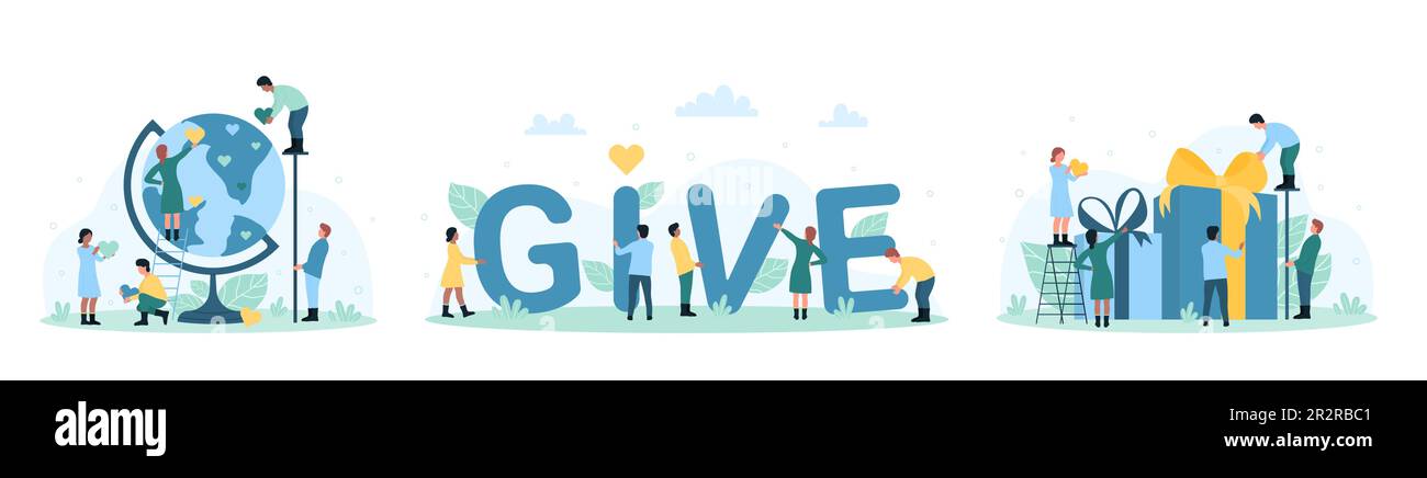 Charity set vector illustration. Cartoon tiny people donate love and ...