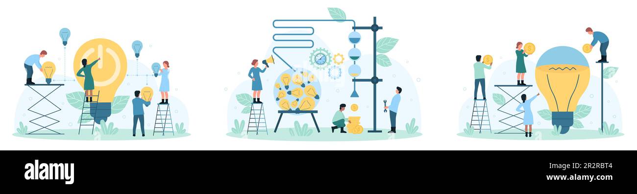Business teamwork, idea funnel and innovation set vector illustration ...
