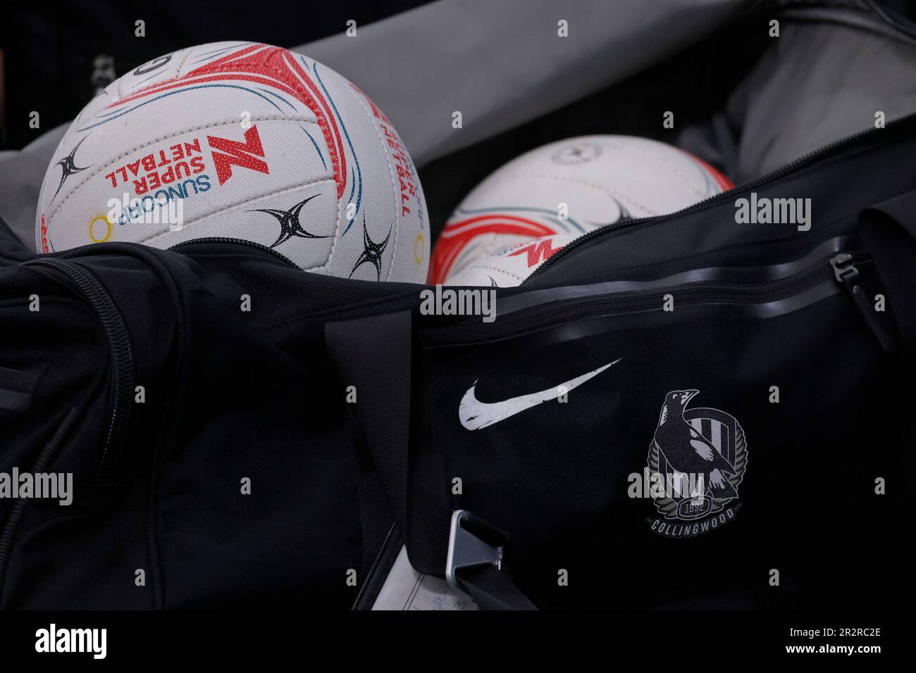 Collingwood balls are seen in a bag during the Super Netball Round 10 ...